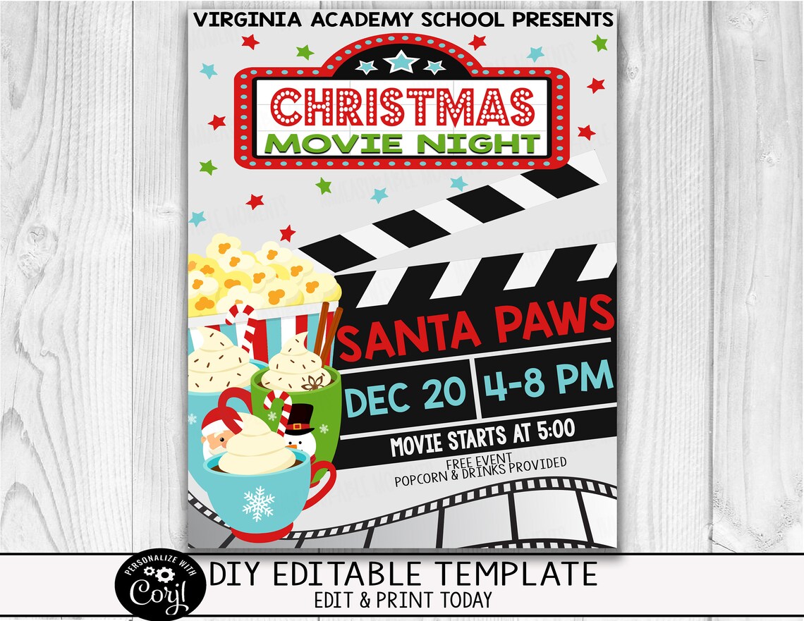 EDITABLE Christmas Movie Night Flyer Invitation Kid School | Etsy