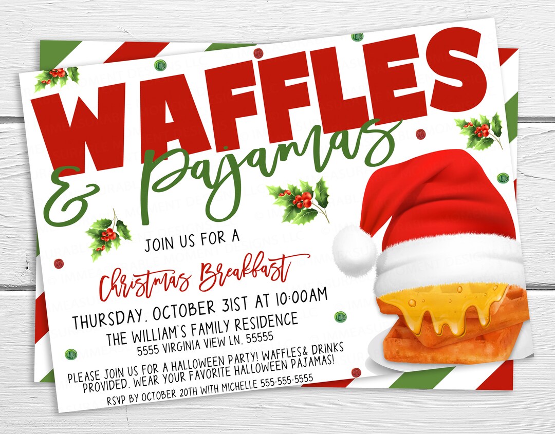 Christmas Waffles and Pajamas Party Invitation, Editable Birthday PJ ...
