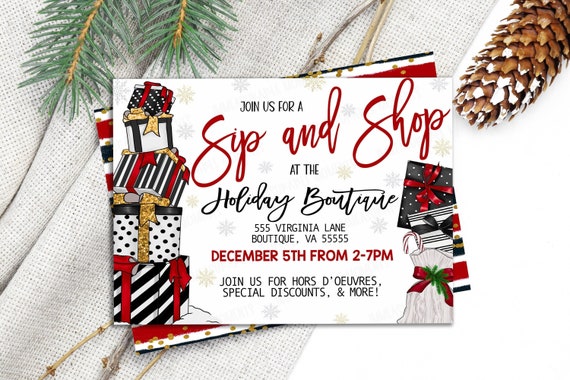 EDITABLE Sip and Shop Marketing Invitation Card, Holiday Christmas ...