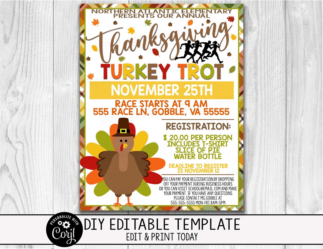 EDITABLE Fall Thanksgiving Turkey Trot Flyer Invitation Fundraiser ...