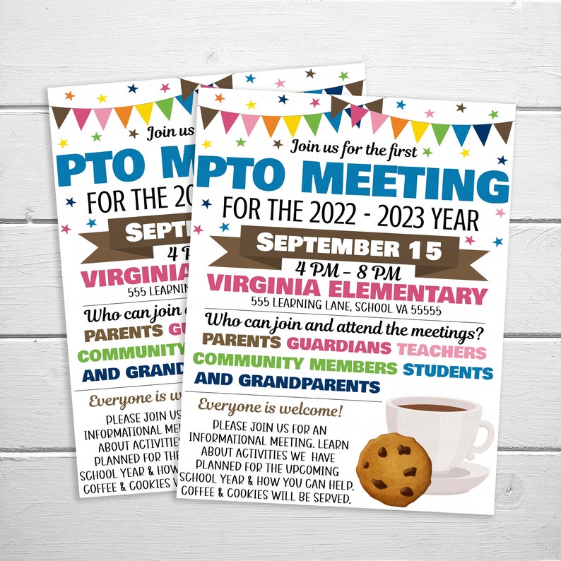 PTO PTA Meeting Flyer Editable Printable School Fundraiser | Etsy
