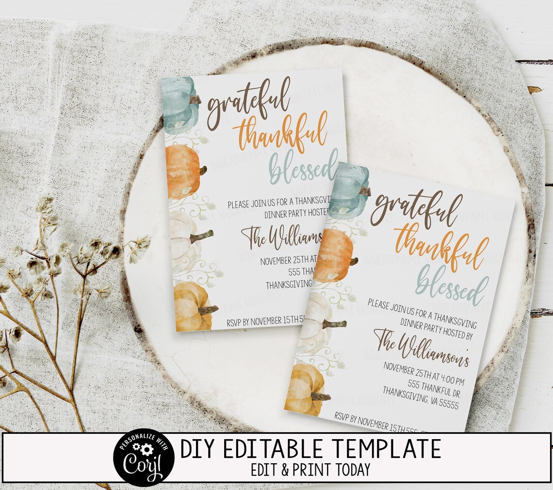 EDITABLE Grateful Thankful Blessed Invitation Card Fall - Etsy