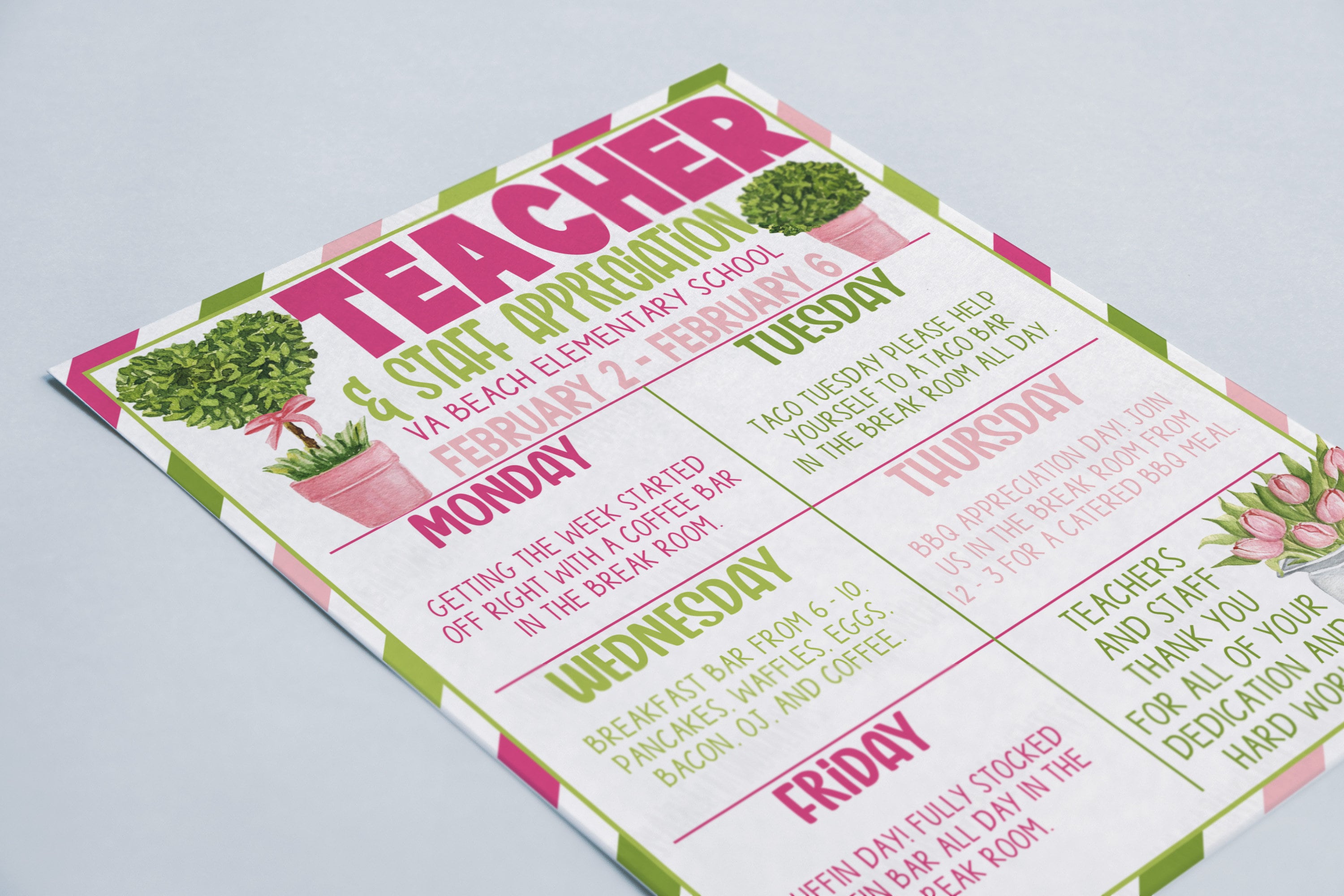 Teacher Appreciation Week Schedule Itinerary, Editable School Teacher ...