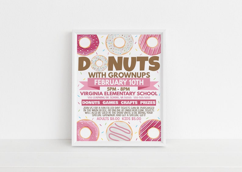 Valentine's Donuts With Grownups Flyer, School PTO PTA, Father Mother ...