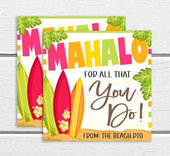 Mahalo Thank You Gift Tag, Hawaiian Tropical Beach Theme, Teacher Staff ...