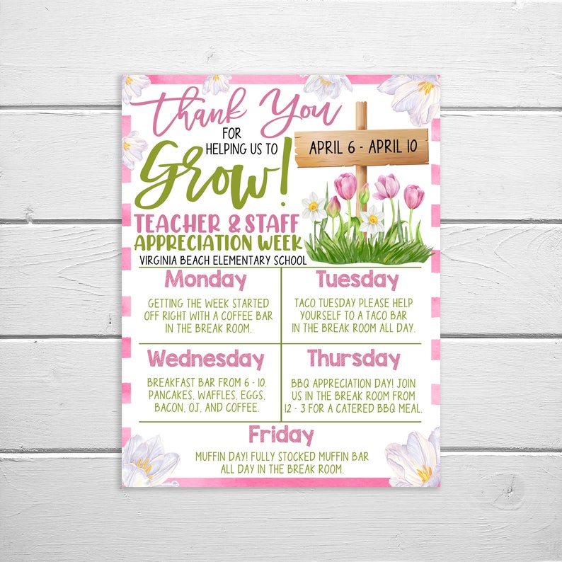 Teacher Staff Appreciation Itinerary Schedule Flyer, Thank You for ...