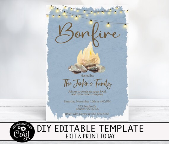 EDITABLE Bonfire Invitation Card, S'more Wedding Bridal Engagment ...