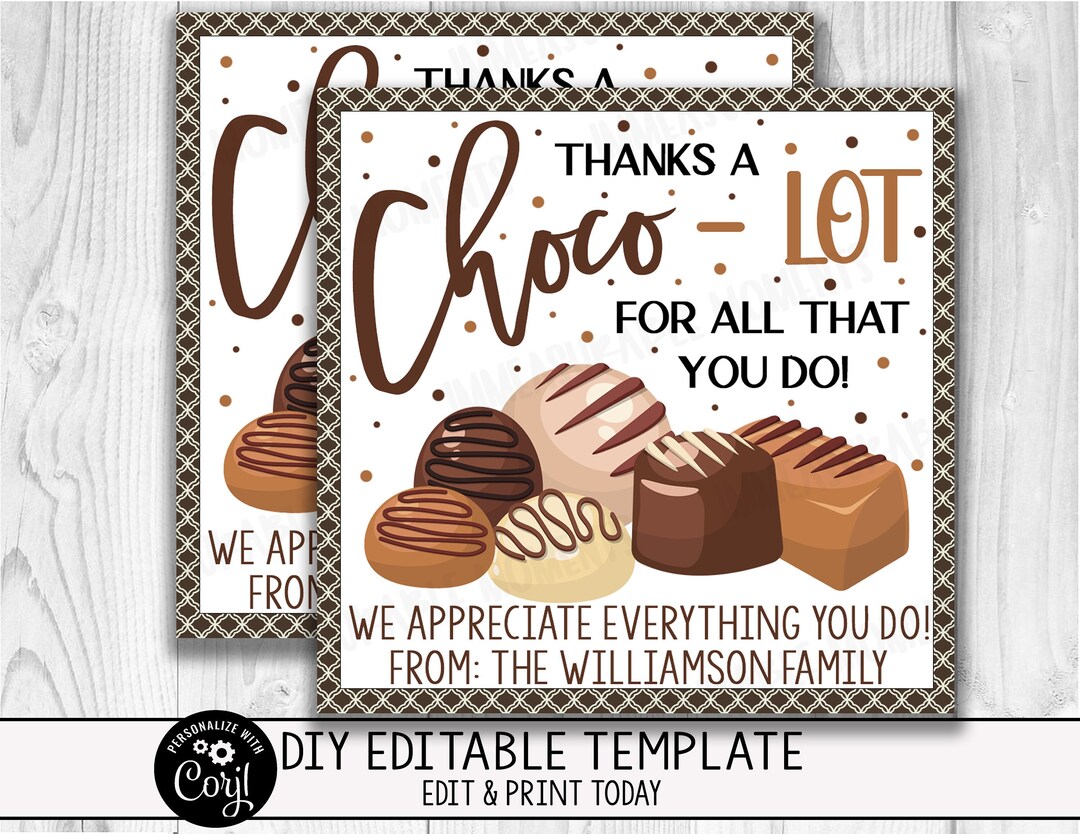 EDITABLE Chocolate Appreciation Gift Tag Favor Tag Employee - Etsy