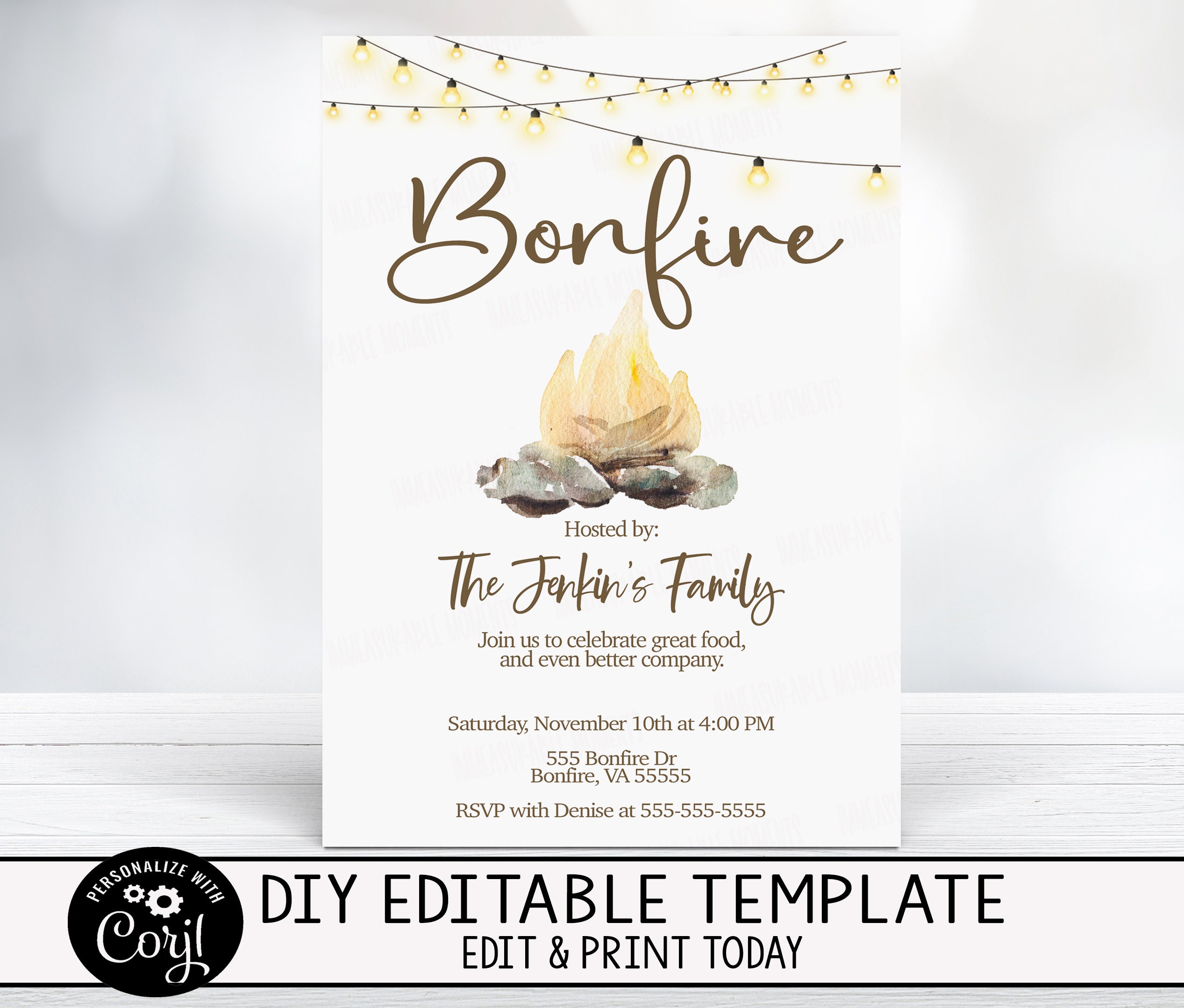 EDITABLE Bonfire Invitation Card, S'more Wedding Bridal Engagment ...