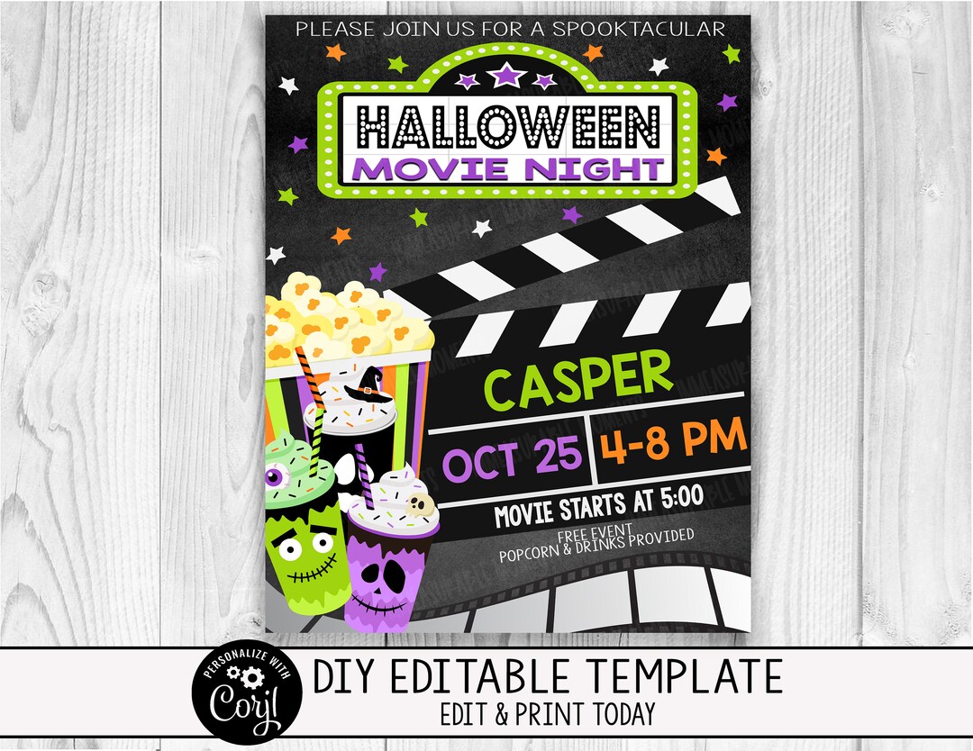EDITABLE Halloween Movie Night Flyer Invitation, Kids Halloween Event ...