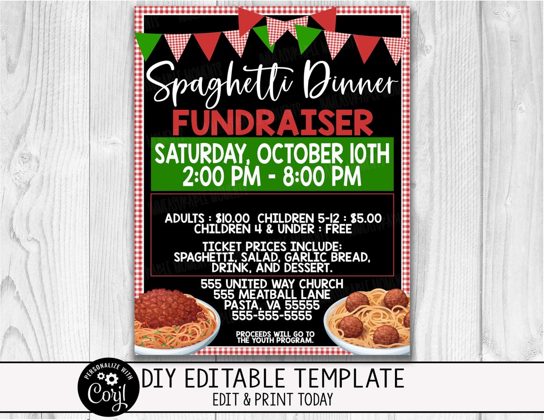 EDITABLE Spaghetti Fundraiser Flyer, Church School Business Fundraiser ...