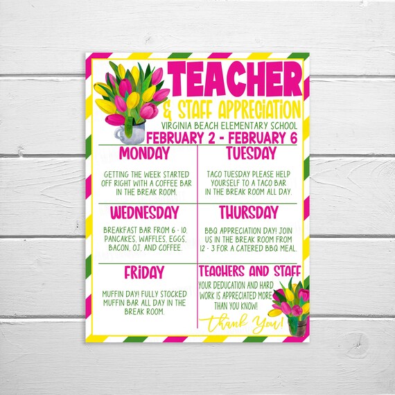 Teacher Appreciation Week Schedule Itinerary, Editable School Teacher ...