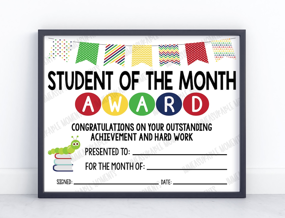 Student of the Month Bookworm Award Certificate. Printable - Etsy