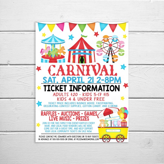 Carnival Flyer, Editable Printable, School PTO PTA Invitation, Church Business Benefit ...