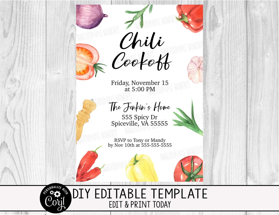 EDITABLE Chili Cookoff Invitation Card, Cook-off Party Event Flyer ...
