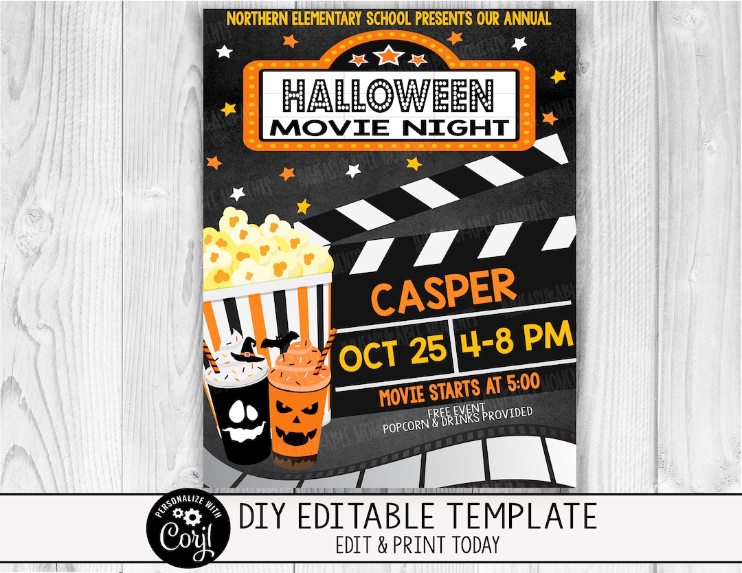 EDITABLE Halloween Movie Night Flyer Invitation, Kids Halloween Event ...