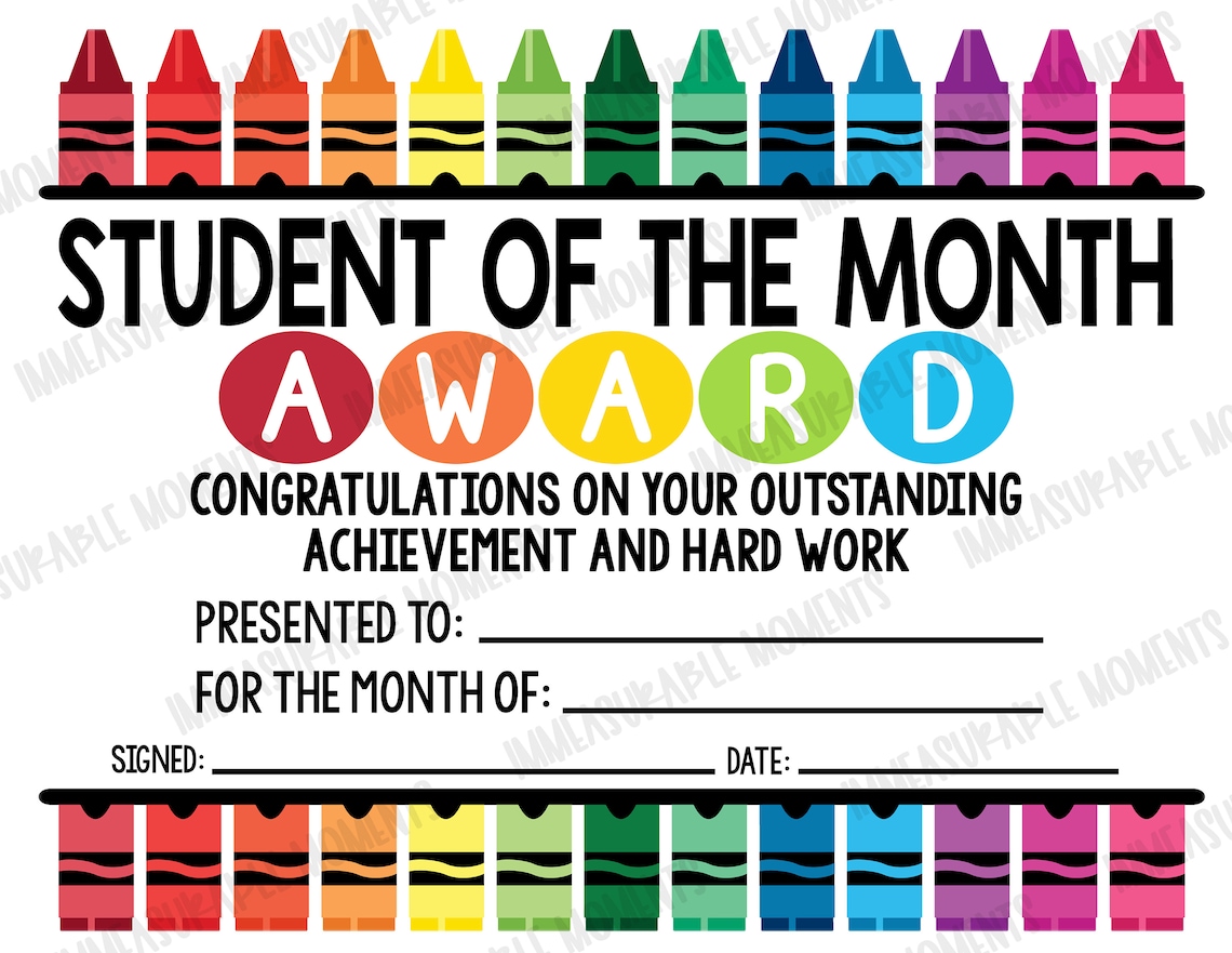 Student of the Month Award Certificate Student Recognition - Etsy