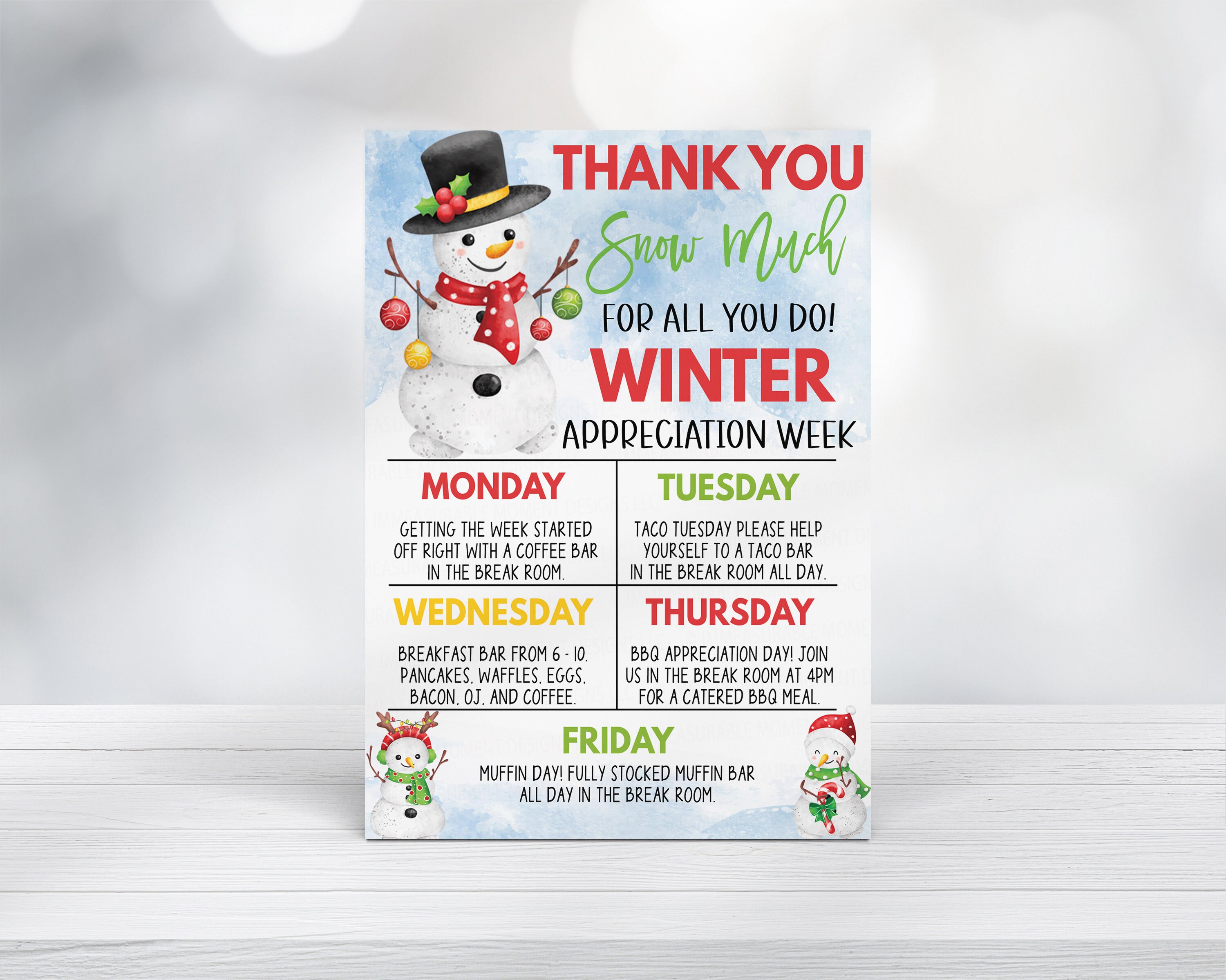 Winter Teacher Appreciation Week Schedule Itinerary, Christmas Holiday ...
