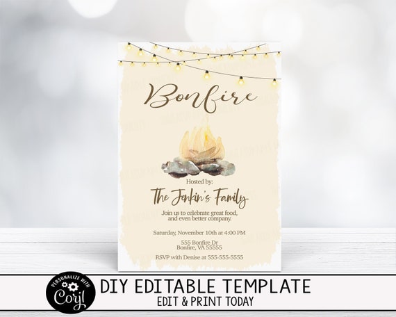 EDITABLE Bonfire Invitation Card, S'more Wedding Bridal Engagment ...