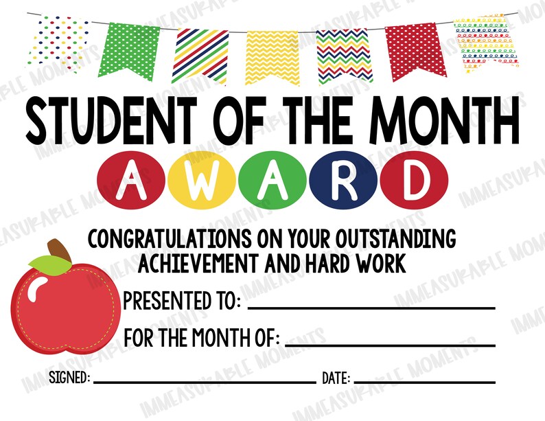 Student of the Month Award Certificate Apple - Etsy