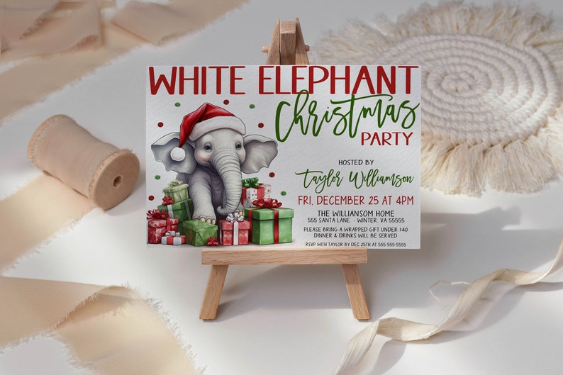 White Elephant Christmas Invitation, Christmas Gift Exchange Invite ...