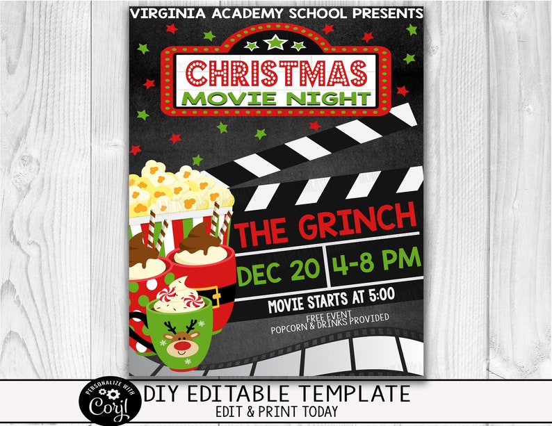 EDITABLE Christmas Movie Night Flyer Invitation, Kid School Family ...