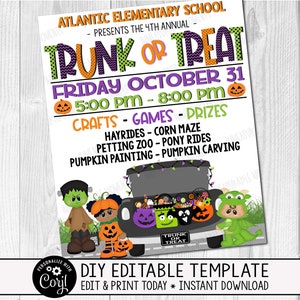 EDITABLE Trunk or Treat Flyer Invitation, Kids Halloween Event, School ...