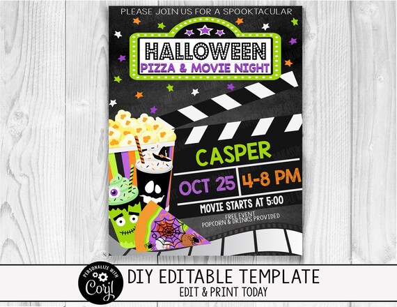 EDITABLE Halloween Movie AND PIZZA Night Flyer Invitation, Kids ...