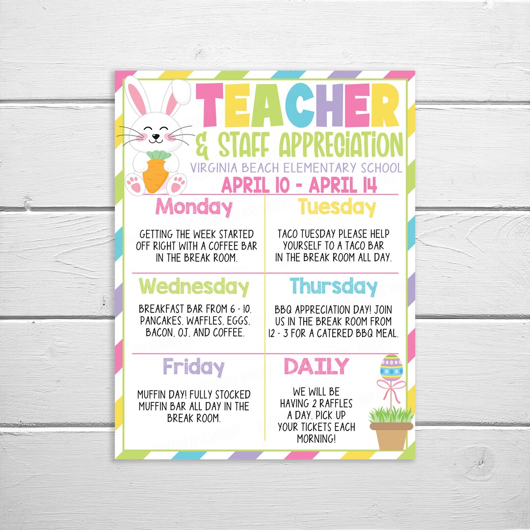 Easter Teacher Appreciation Week Schedule Itinerary Editable School ...