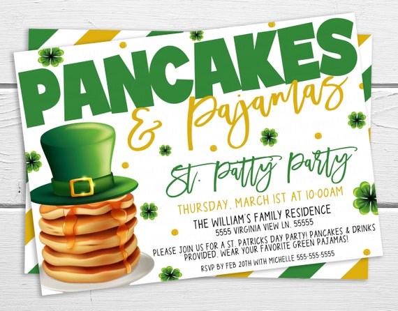 St. Patricks Pancakes And Pajamas Party Invitation, Editable Birthday ...