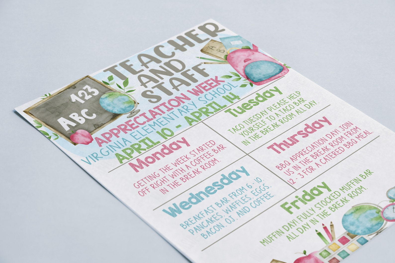 Teacher Appreciation Week Schedule Itinerary Appreciation - Etsy
