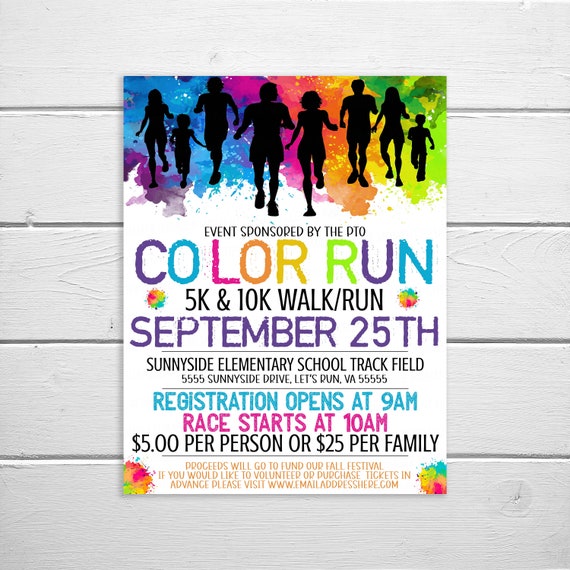 Color Run Flyer Invitation, Color Fun Dash Run Marathon 5K PTO PTA ...