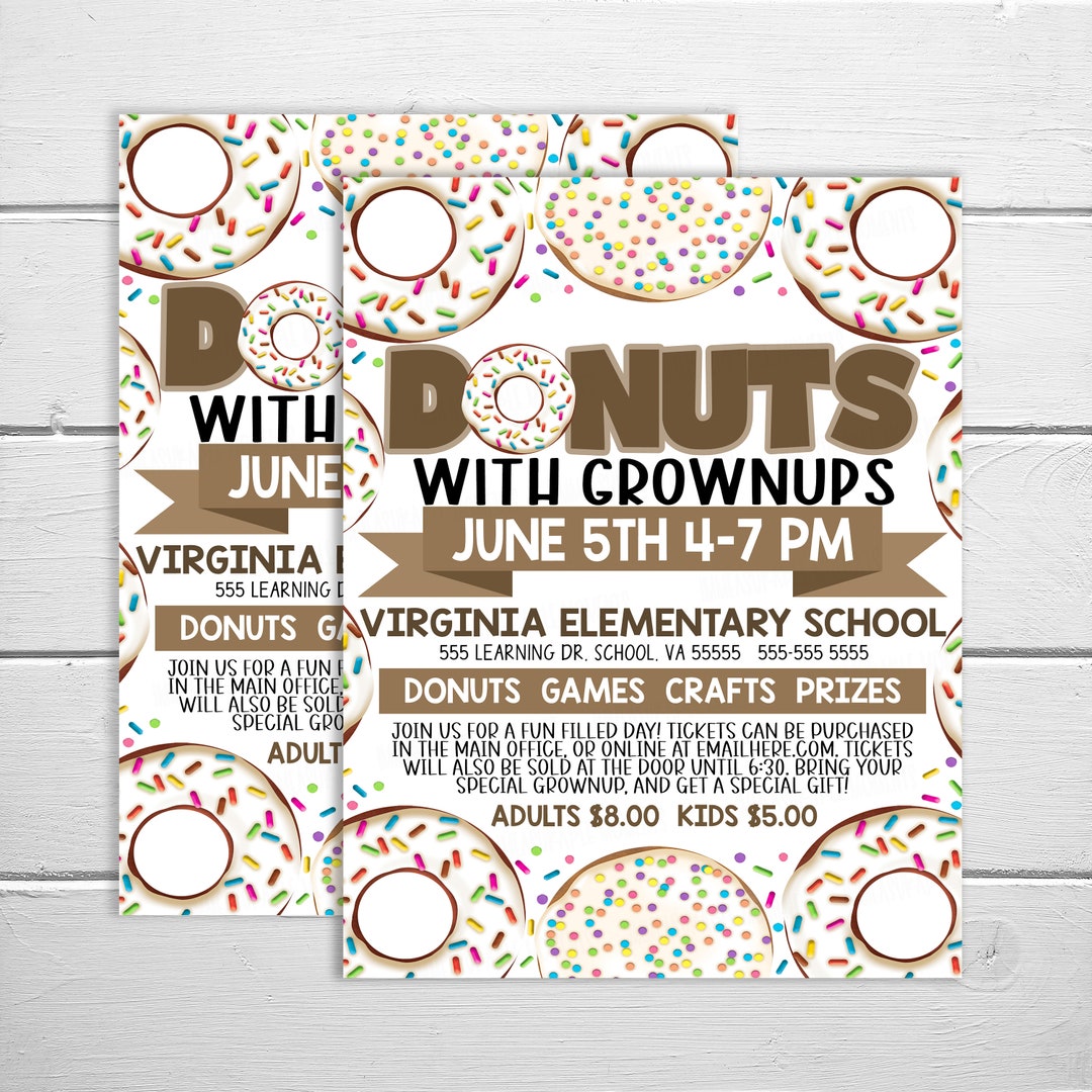 Donuts With Grownups Flyer, School PTO PTA, Father Mother Parent ...