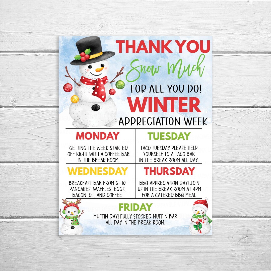 Winter Teacher Appreciation Week Schedule Itinerary Christmas - Etsy