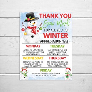 Winter Teacher Appreciation Week Schedule Itinerary, Christmas Holiday ...