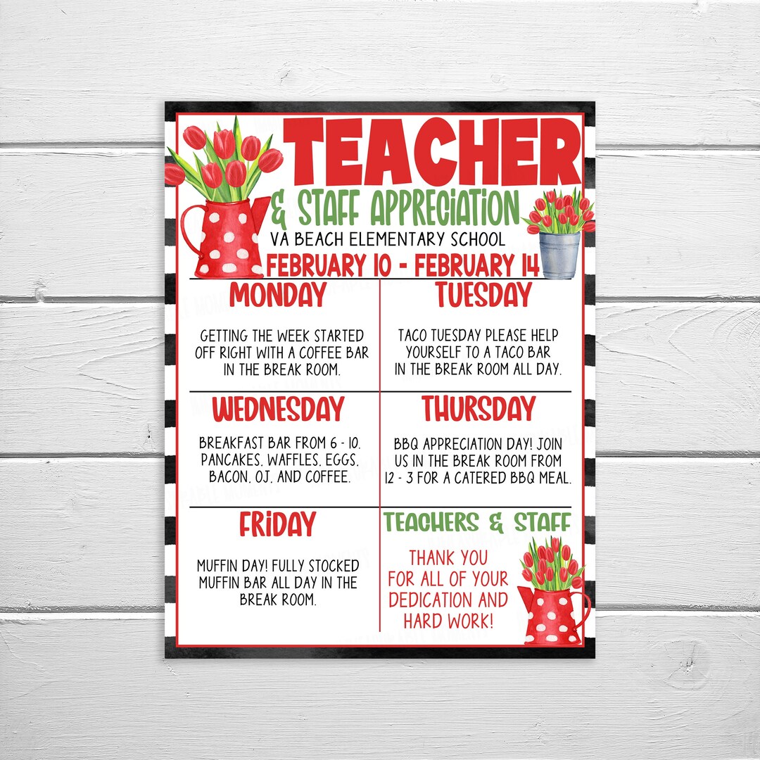 Valentine Teacher Appreciation Schedule Itinerary, Editable School ...