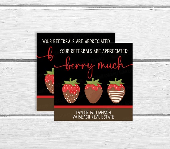 Strawberry Referral Gift Tags, Editable Appreciation Chocolate Covered ...