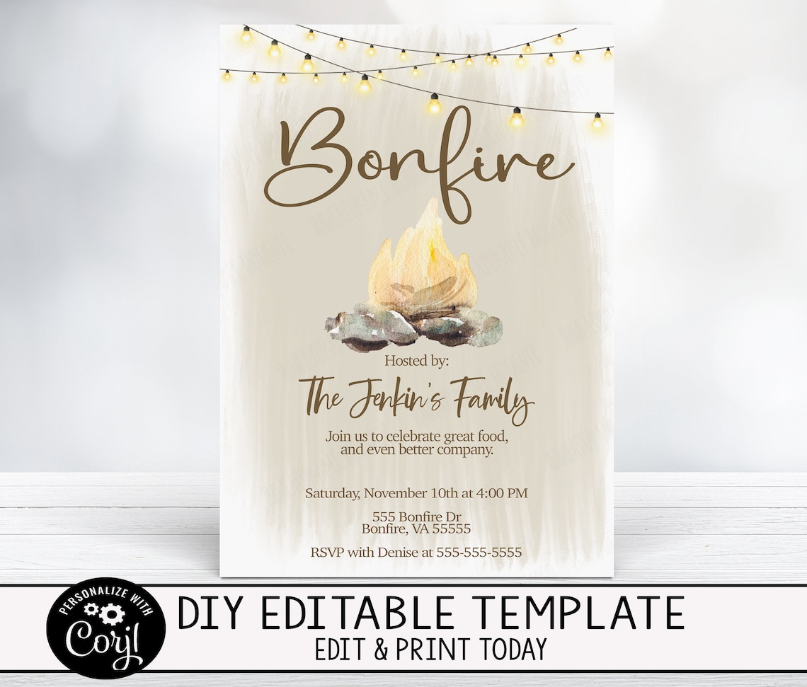 EDITABLE Bonfire Invitation Card, S'more Wedding Bridal Engagment ...