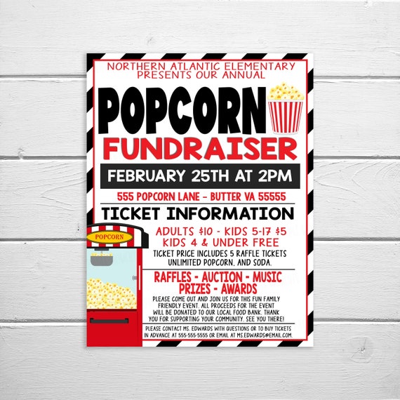 Popcorn Fundraiser Flyer, Editable Church School Business Fundraiser ...