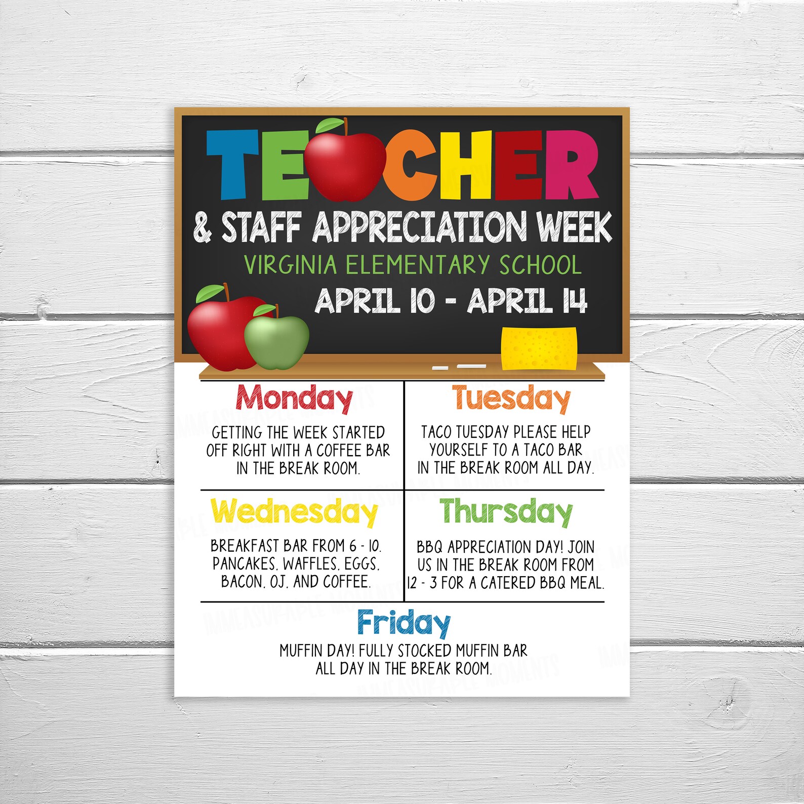 Teacher Appreciation Week Schedule Itinerary, Chalkboard Apple School ...
