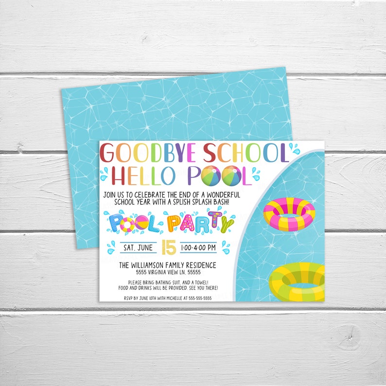 Goodbye School Hello Pool Invitation, End of School Year Party Invite ...