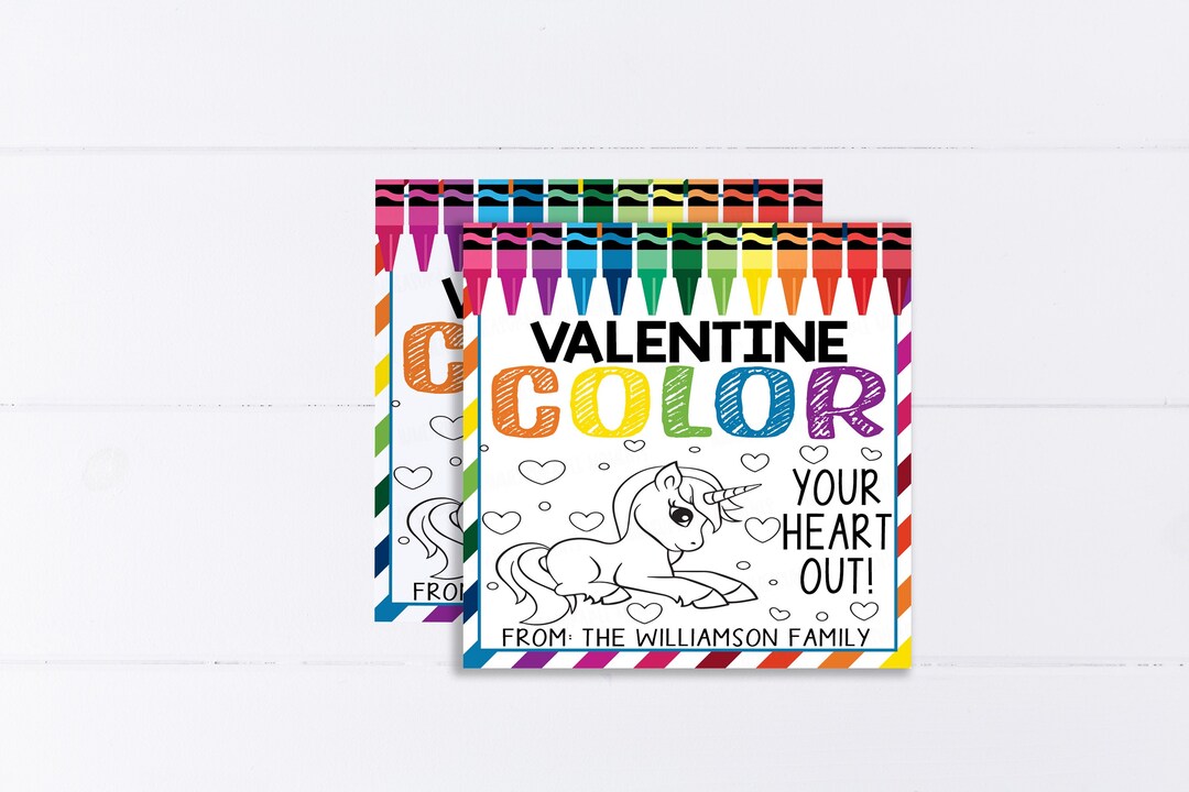 Unicorn Valentine Coloring Gift Tags, Editable Unicorn Color Your Heart ...