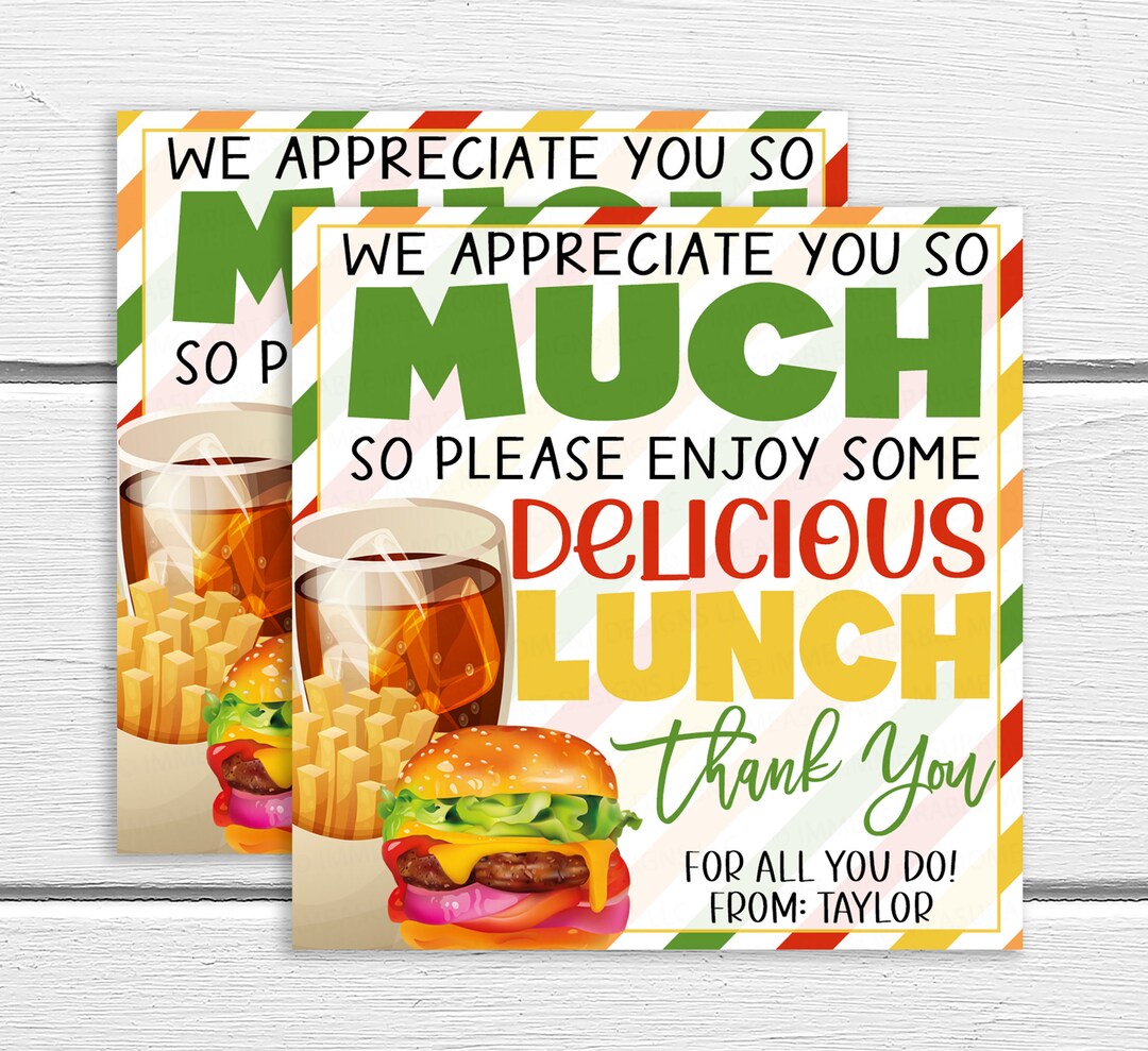 Lunch Gift Tag, Appreciated so Much Enjoy Delicious Lunch, Burger Fries ...