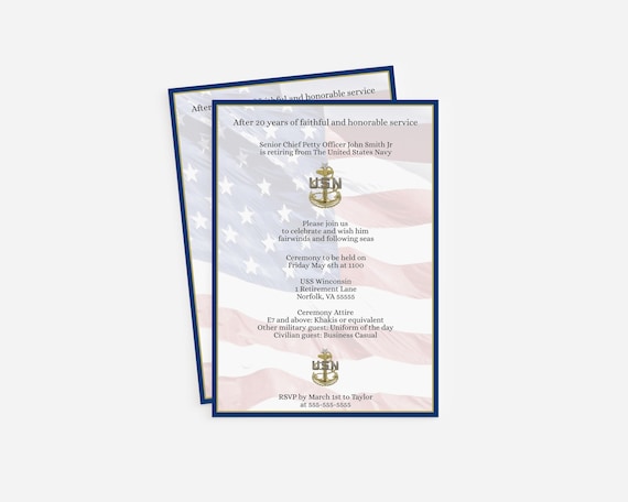 Editable E8 Senior Chief Retirement Invitation, DIY US Navy Retirement ...