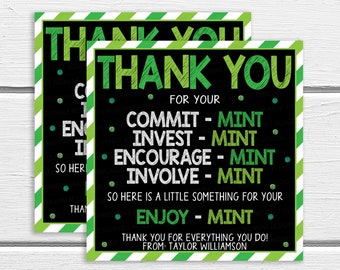 Thank You Mint Tags, Volunteer Mint Labels, Thank You Gift, School Pto ...
