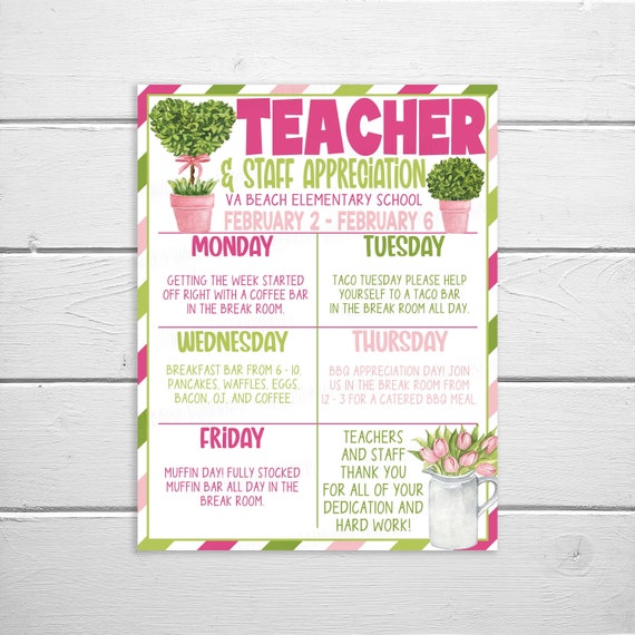 Teacher Appreciation Week Schedule Itinerary, Editable School Teacher ...
