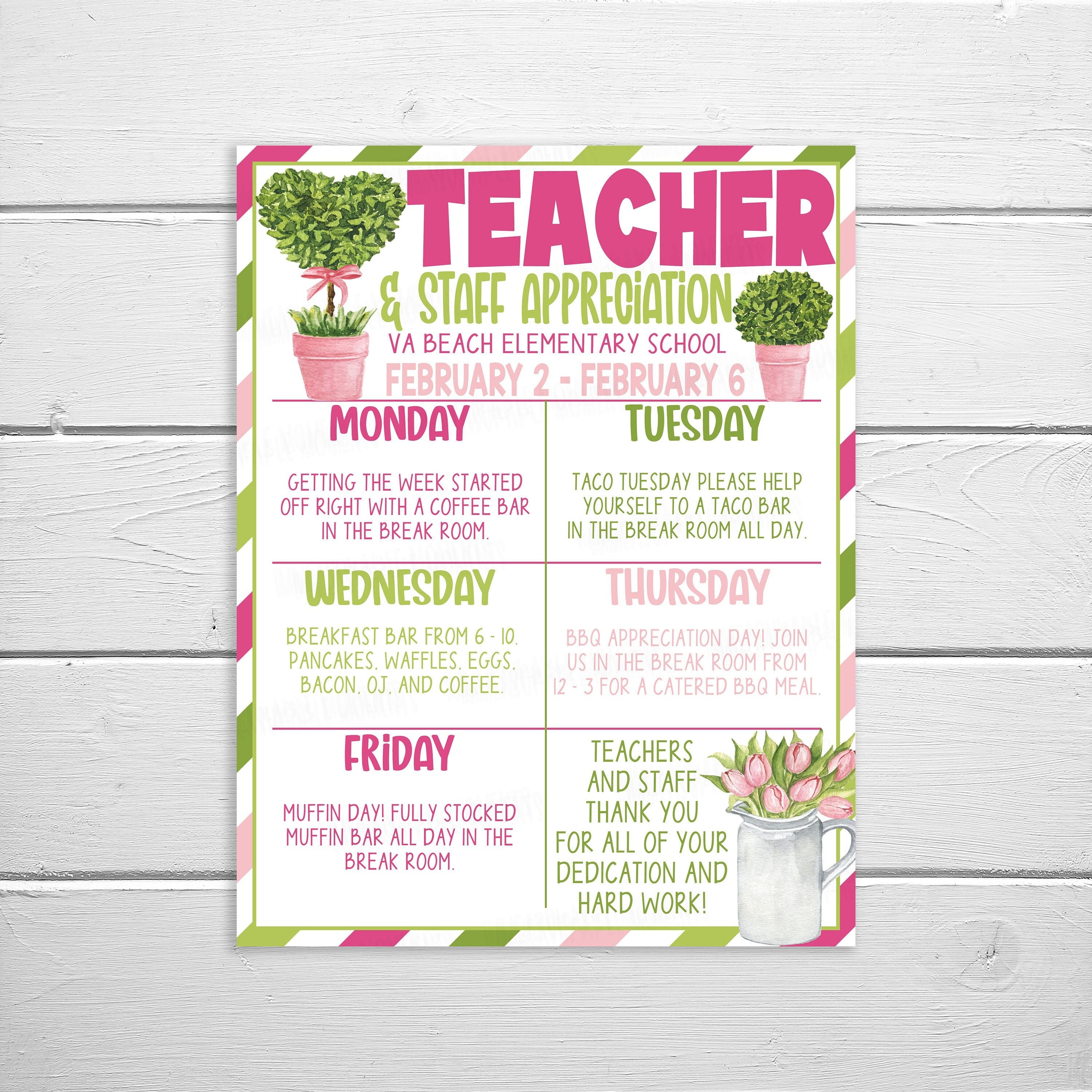 Teacher Appreciation Week Schedule Itinerary Editable School - Etsy