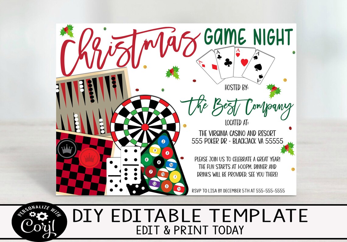 Christmas Game Night Party Invitation, Editable Cocktail Games Party ...