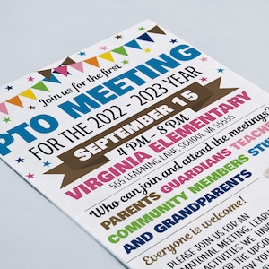 PTO PTA Meeting Flyer, Editable Printable School Fundraiser Handout ...