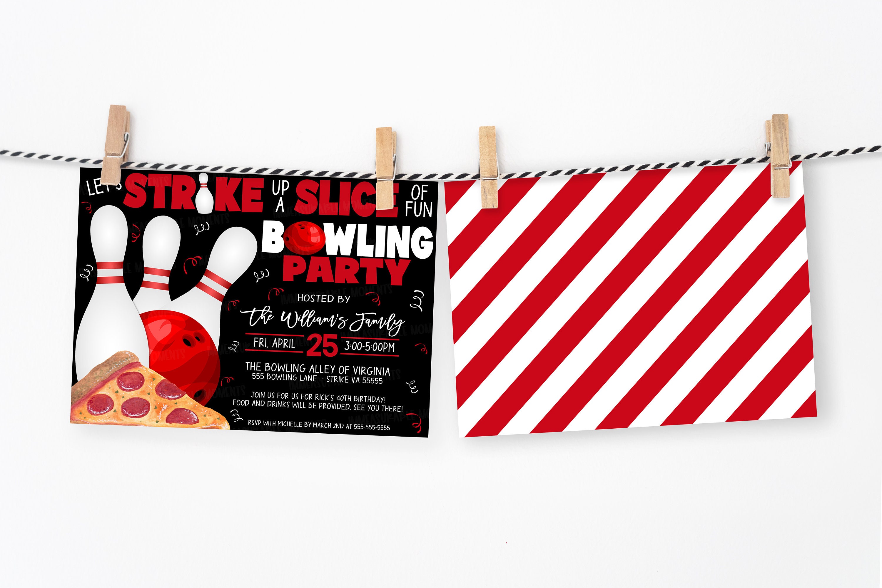 Bowling and Pizza Party Invitation, Bowling Party Card, Adult Party ...